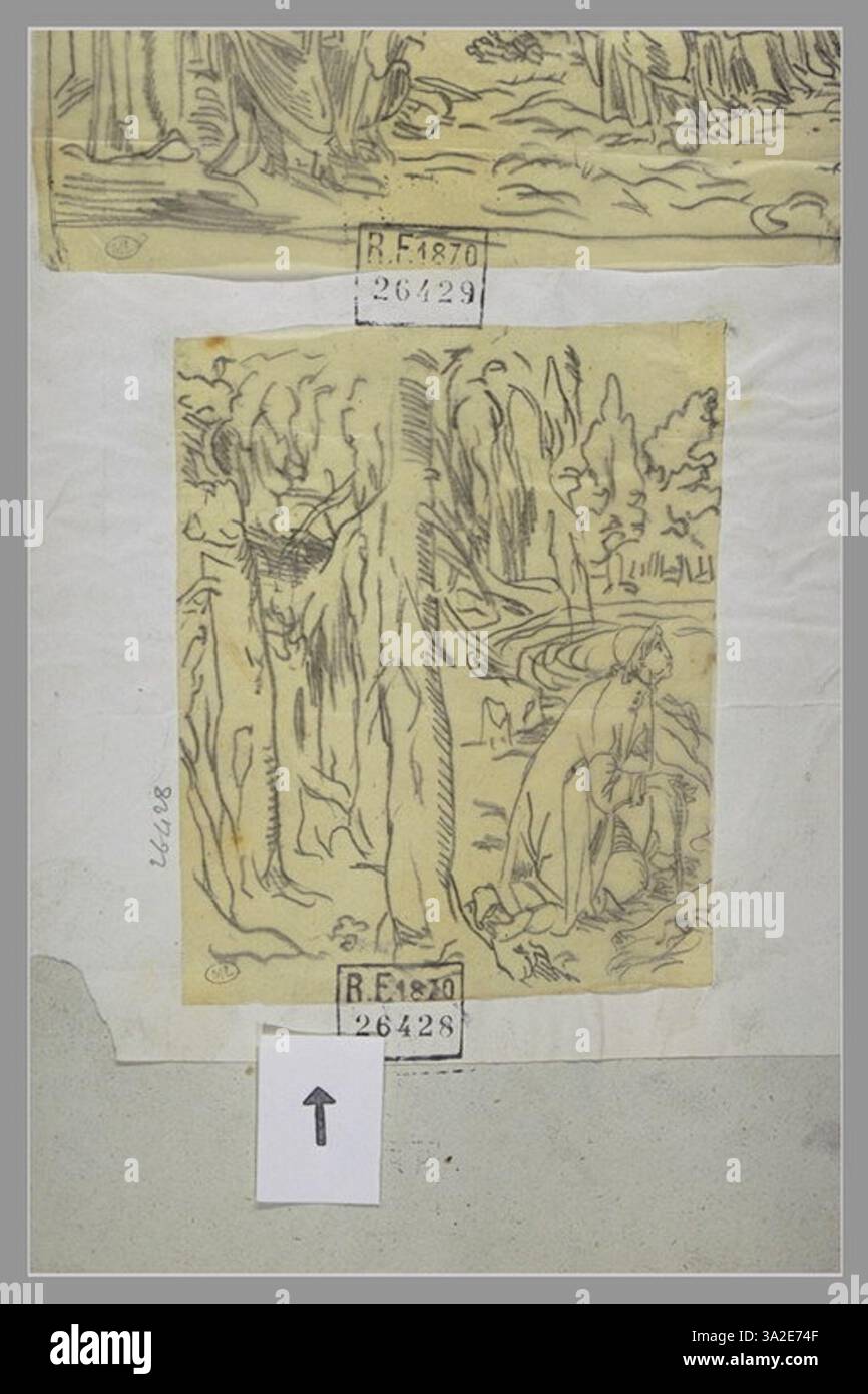 This work depicts a kneeling man in a forest setting, with the focus on ...