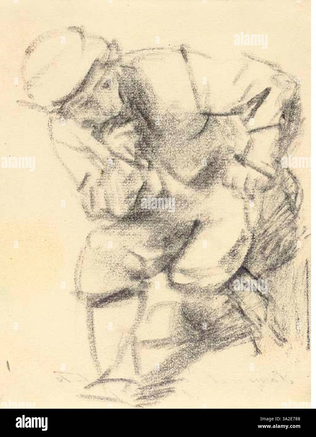 This portrait shows a seated man leaning forward, with his gaze ...