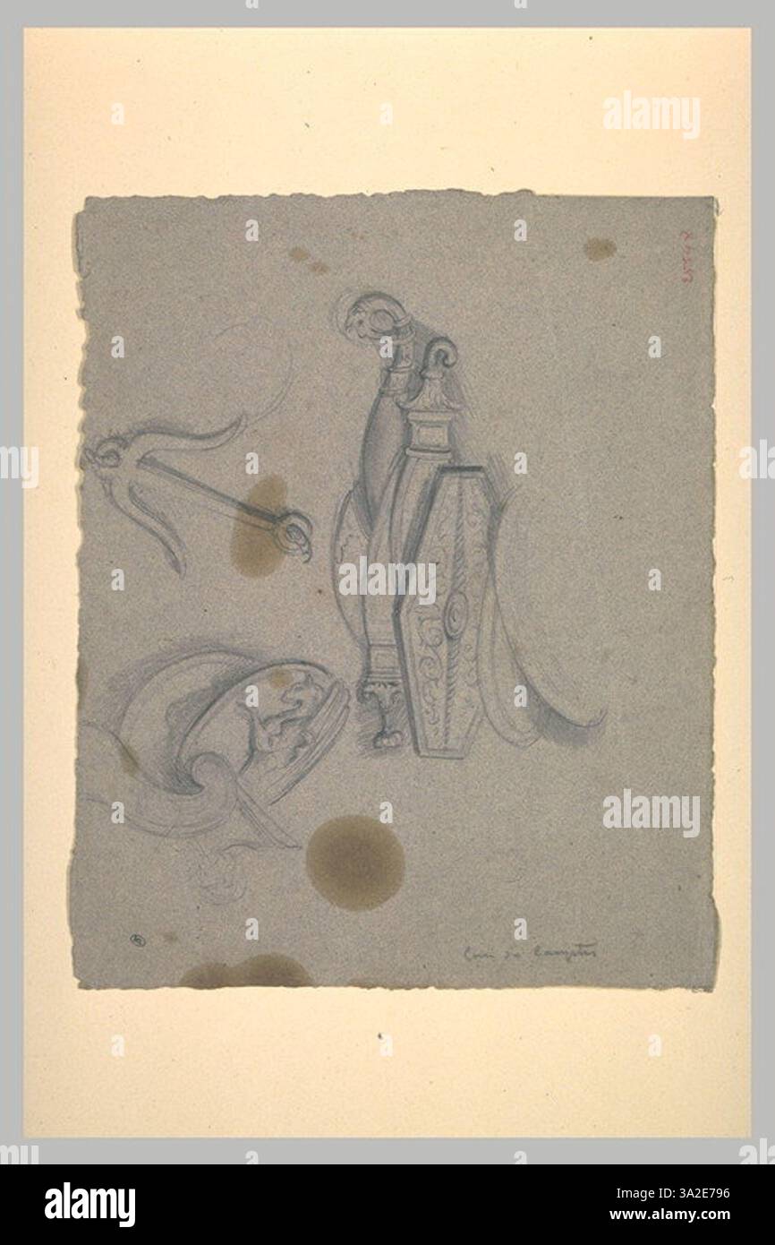 A study of antique motifs, including an anchor, shield, and weapons ...