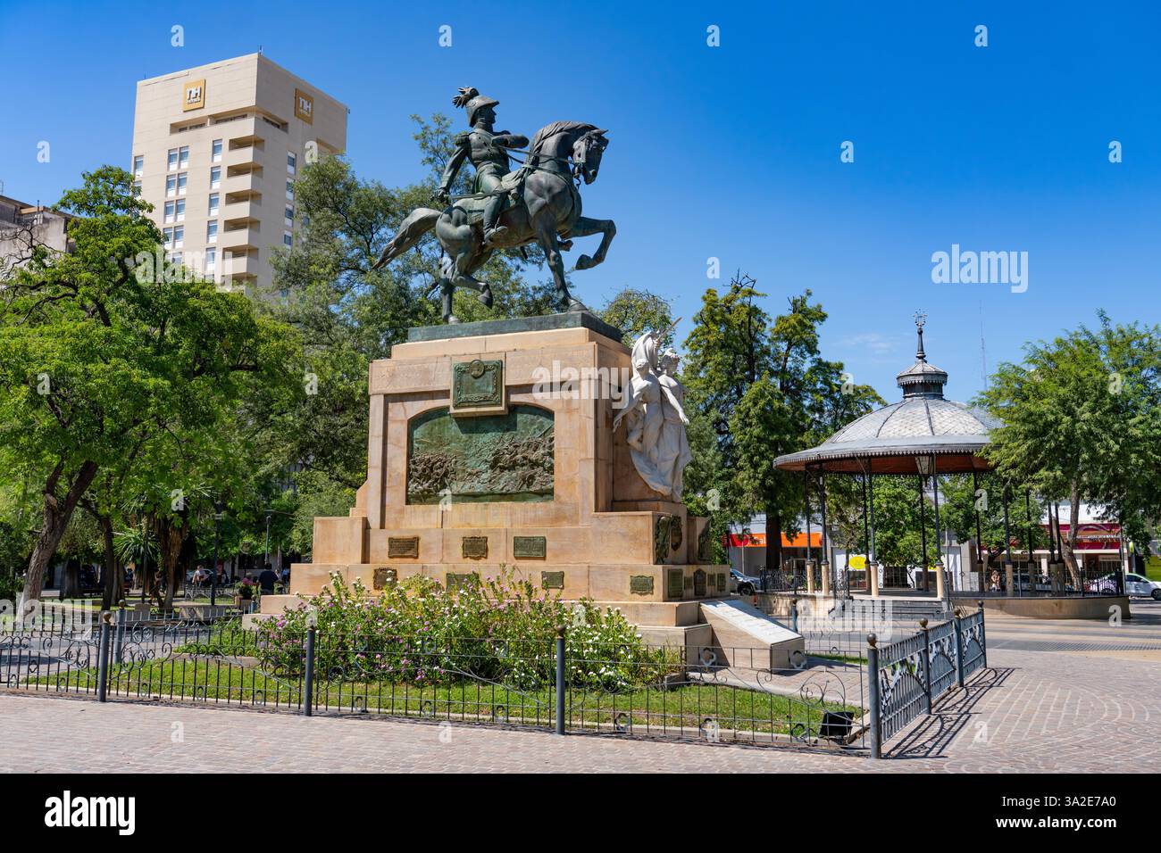 An equestrian statue of General Manuel Belgrano in the Plaza Libertad ...