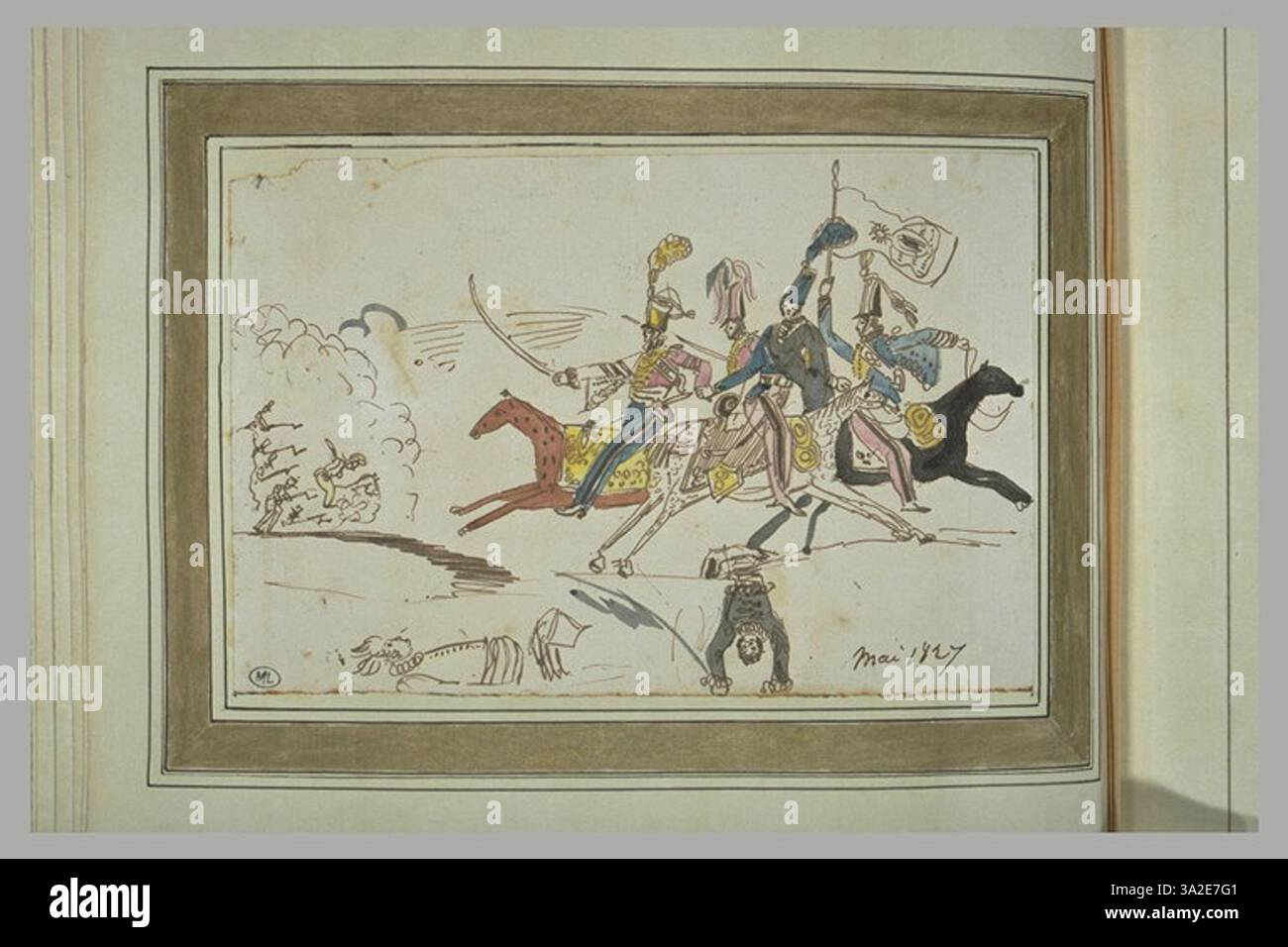 This drawing shows a battle scene with mounted riders in chaotic action ...