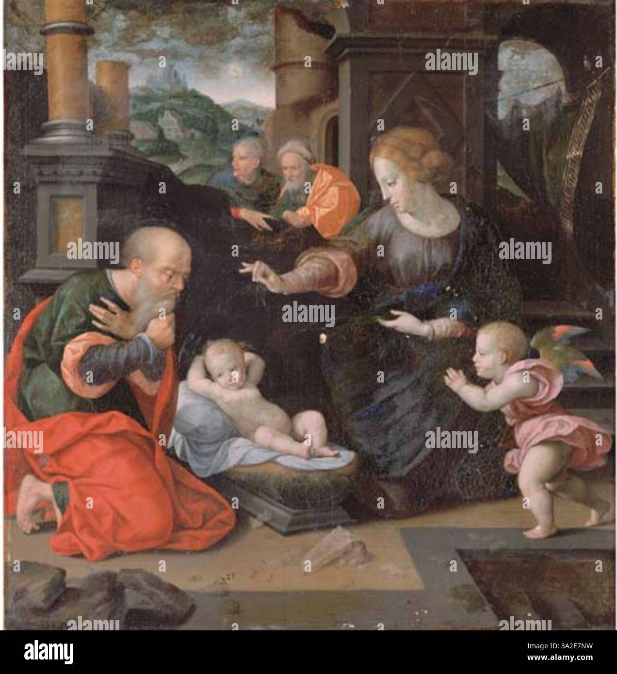 This painting depicts the Nativity scene, with the Virgin Mary, Christ Child, and surrounding ...