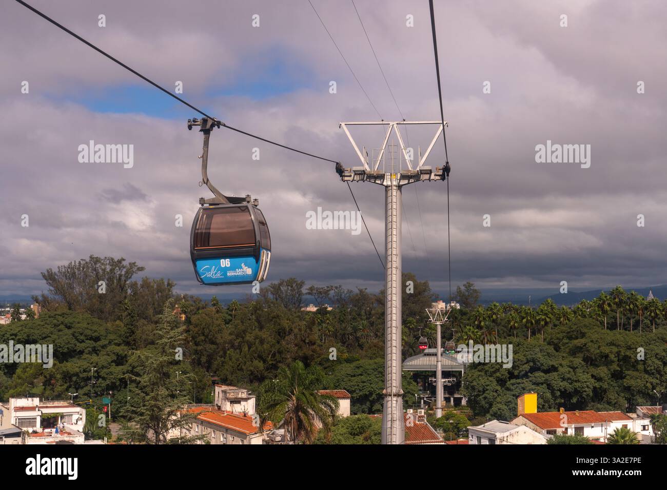 Cable cars of the Teleferico San Bernardo aerial tramway & the station terminal in Salta ...