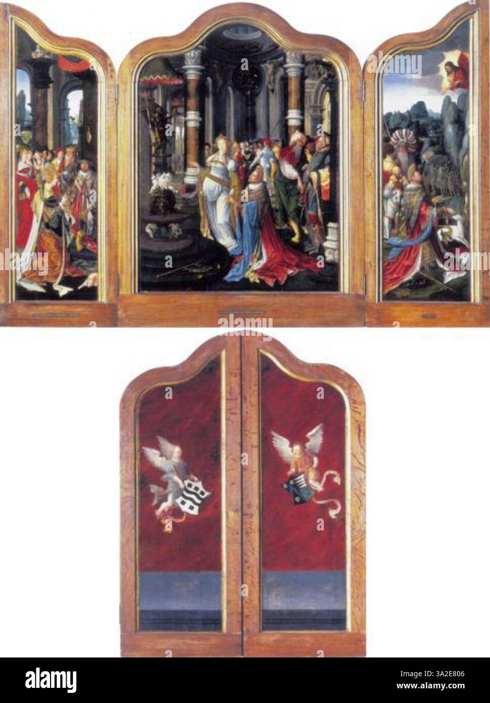 The triptych by the Master of the Triptiek van Salomo features the Queen of Sheba before Solomon ...