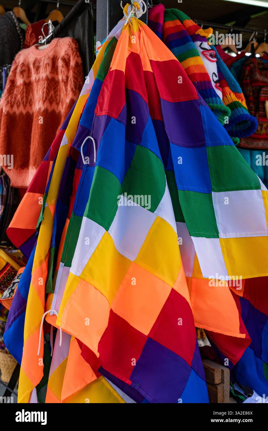 The pan-Andean indigenous Wiphala flag for sale in a souvenir shop on ...