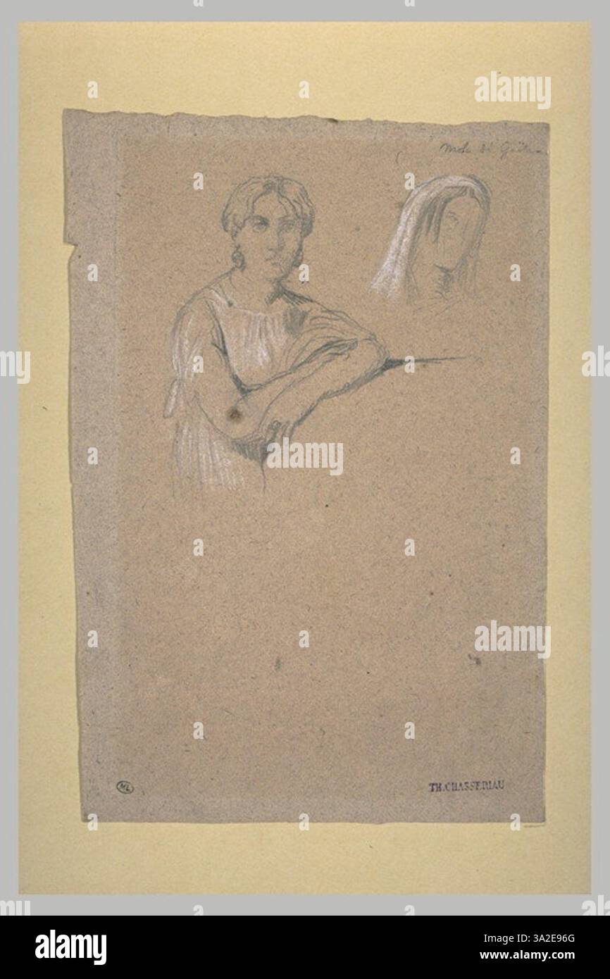 A study of a woman leaning forward with her arm propped up, accompanied ...