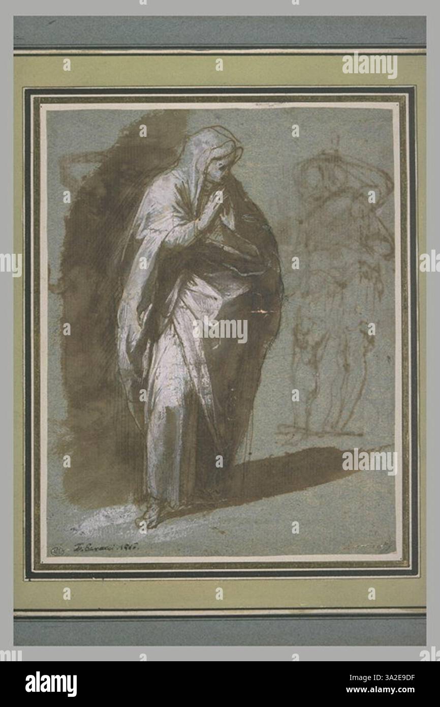 Barocci’s drawing depicts a woman standing, draped, with her hands ...