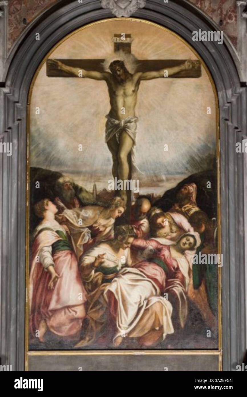 This painting depicts the Crucifixion of Christ, capturing the dramatic and emotional intensity ...