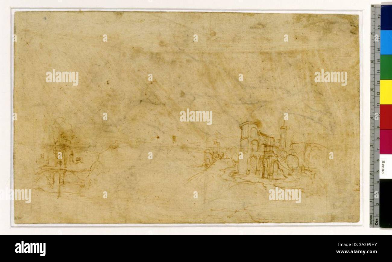 This landscape drawing by Raphael depicts a bridge and an amphitheater ...