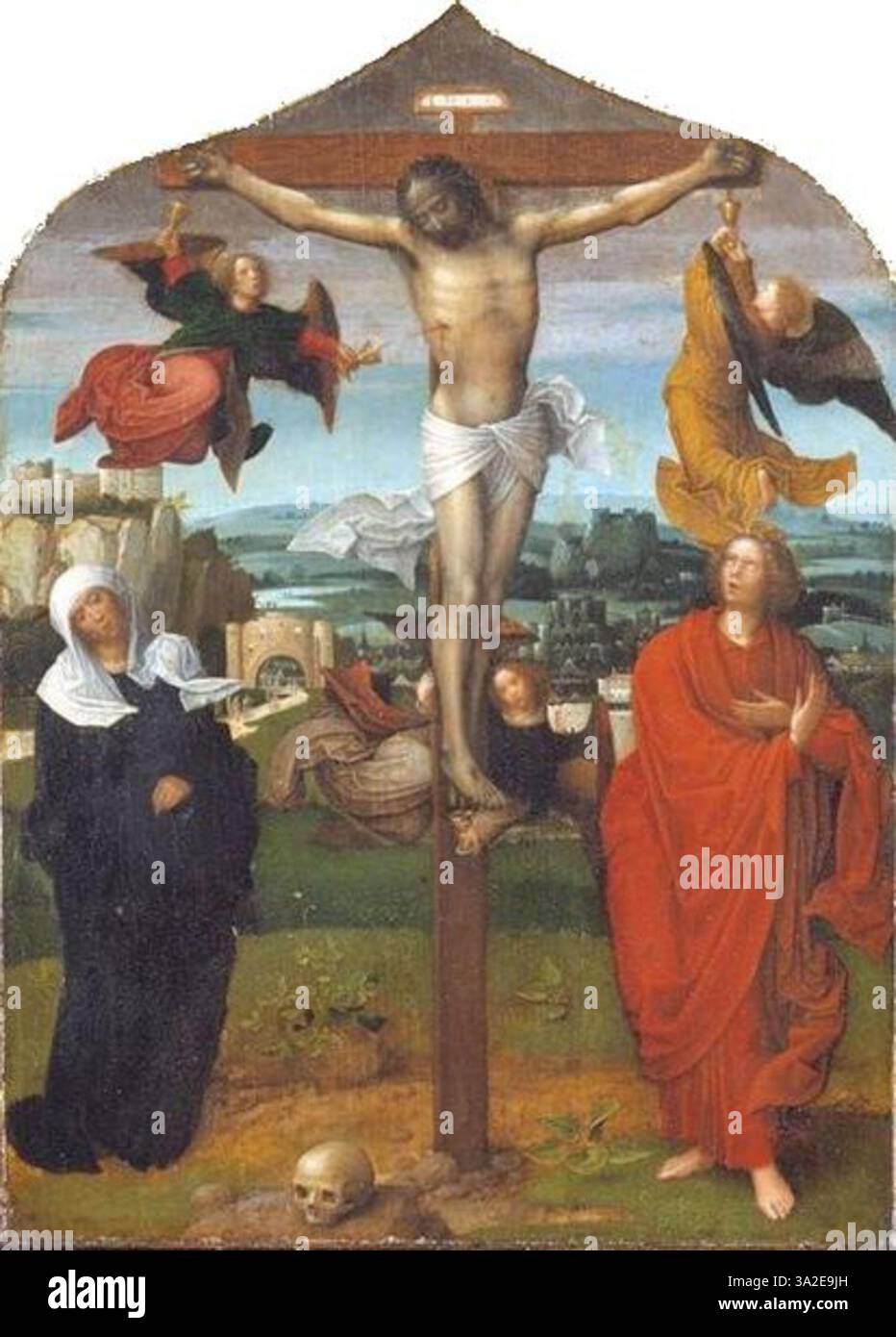 In this 16th-century work, Adriaen Isenbrandt portrays Christ on the cross between the Virgin ...