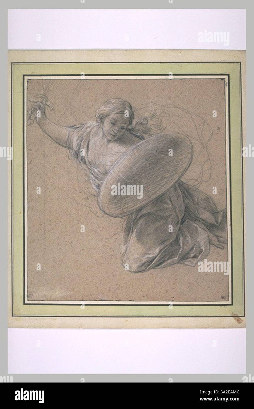 This drawing portrays a flying figure armed with a sword and shield ...