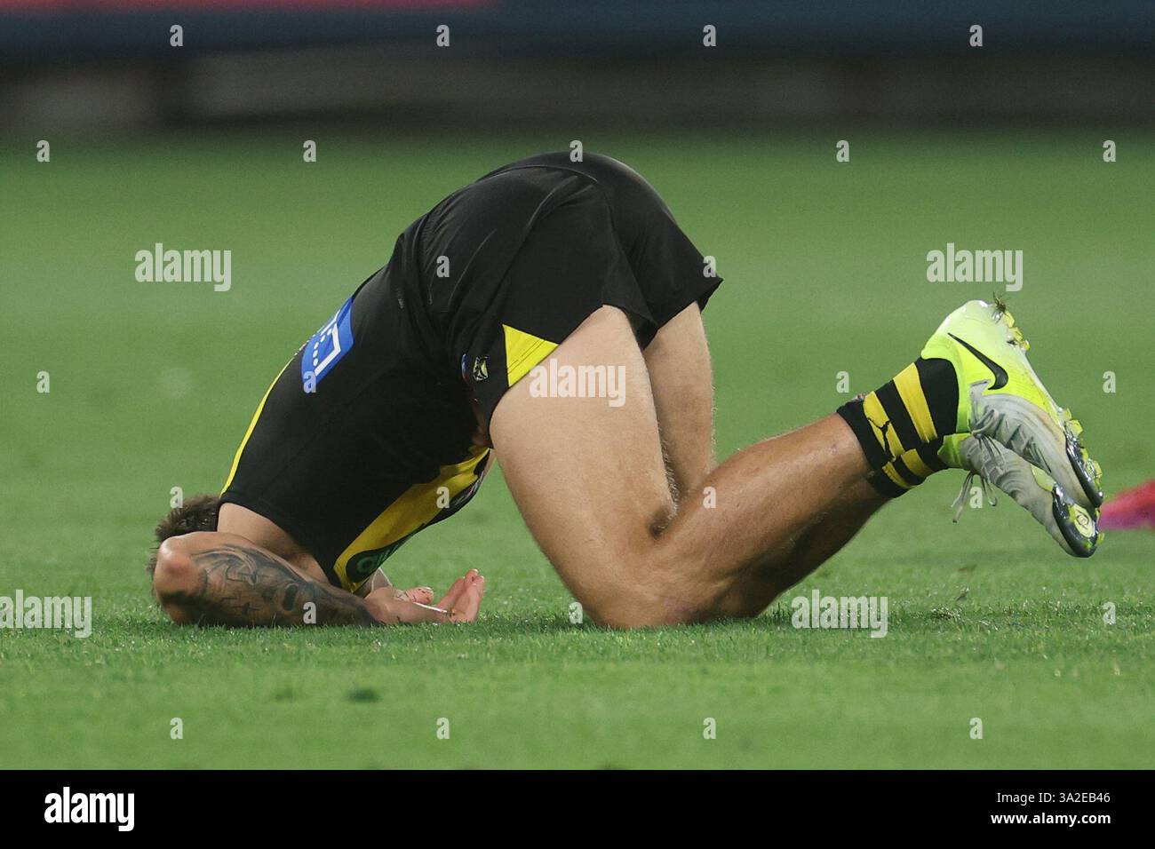 Rhyan Mansell of the Tigers reacts after a contest with Sam Docherty of ...