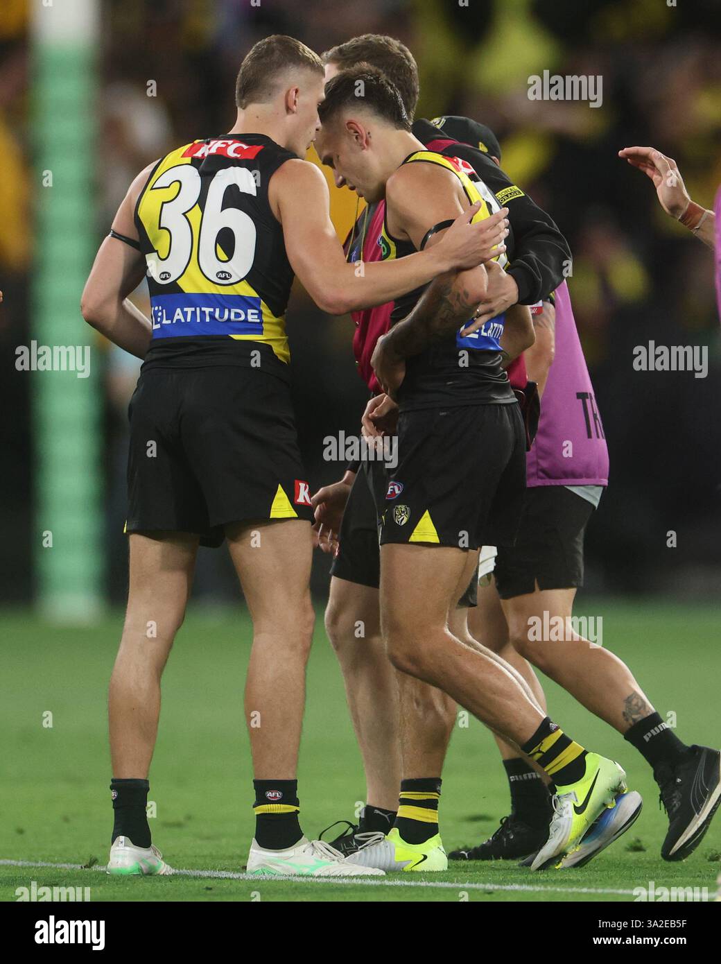 Rhyan Mansell of the Tigers receives medical attention during the AFL ...