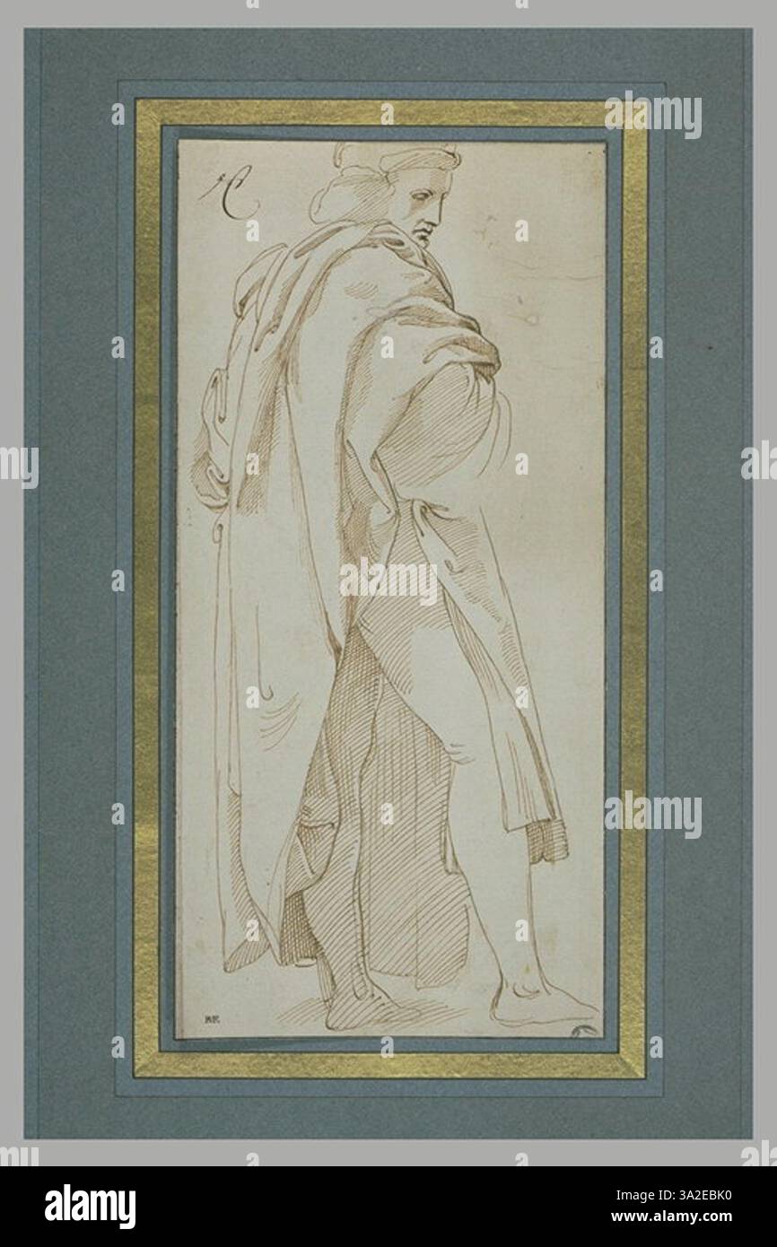 This drawing depicts a draped man standing in profile to the right ...