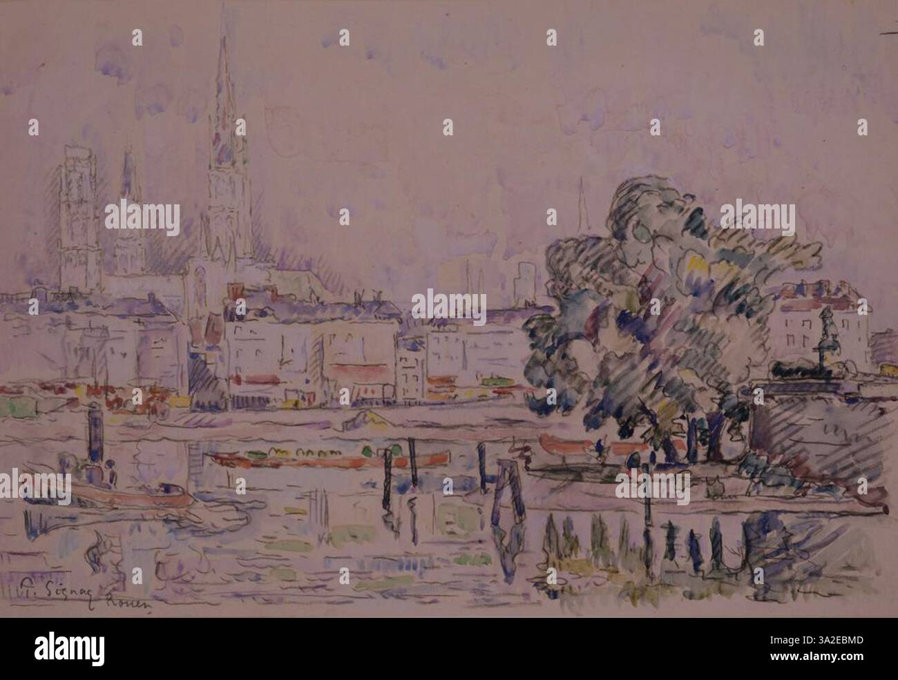 This early 1920s painting of Rouen shows the river Seine with ...