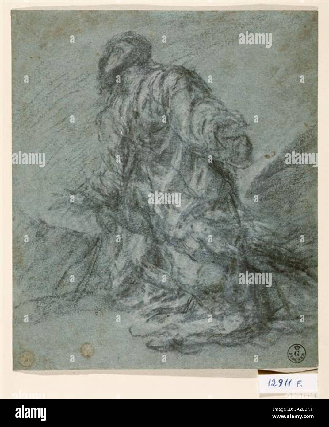 This study by Titian depicts a male figure kneeling in a cloak. The ...