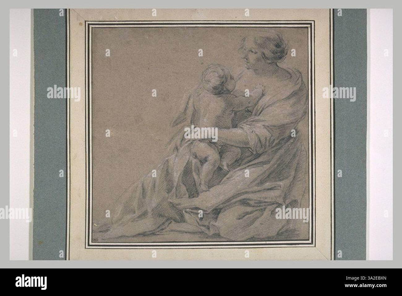 This drawing depicts a draped woman squatting, with a child standing on ...
