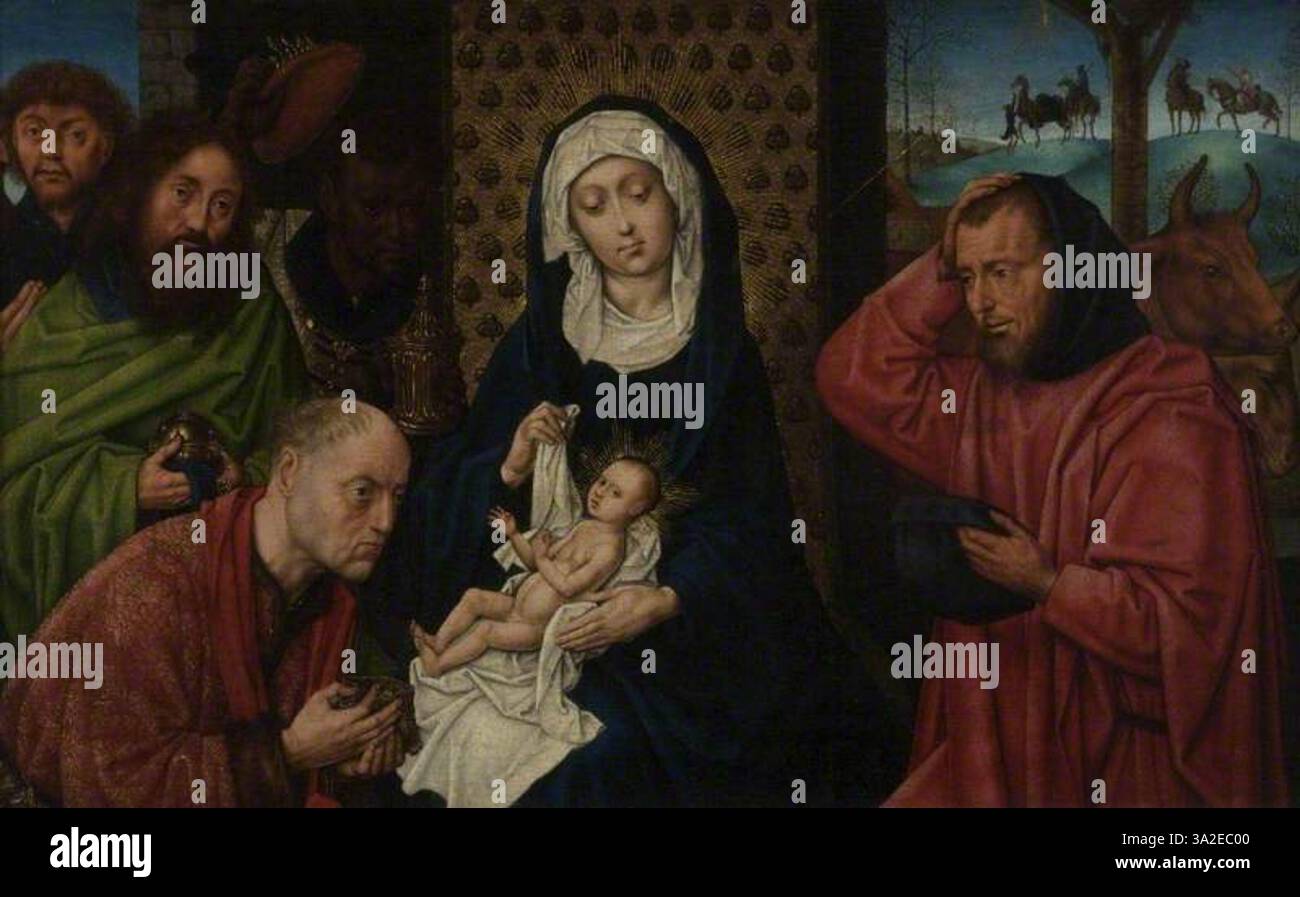 A 15th-century depiction of the Adoration of the Magi by a follower of Hugo van der Goes. The ...