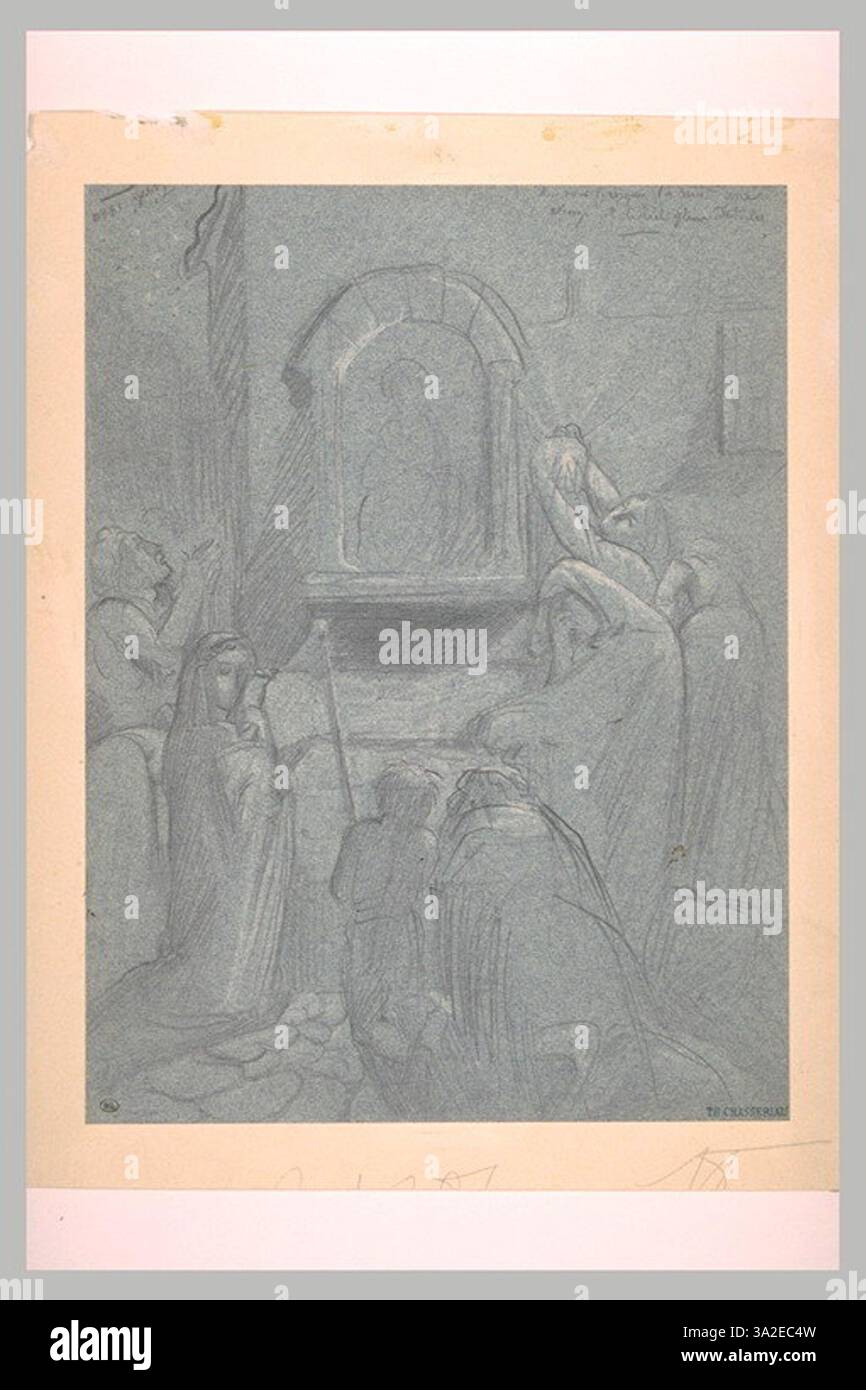 This artwork depicts women in tears before an image of the Virgin Mary ...