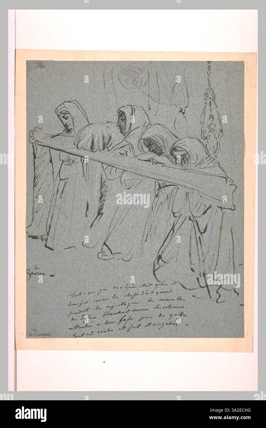 This artwork depicts five women in prayer during Communion in Genoa ...