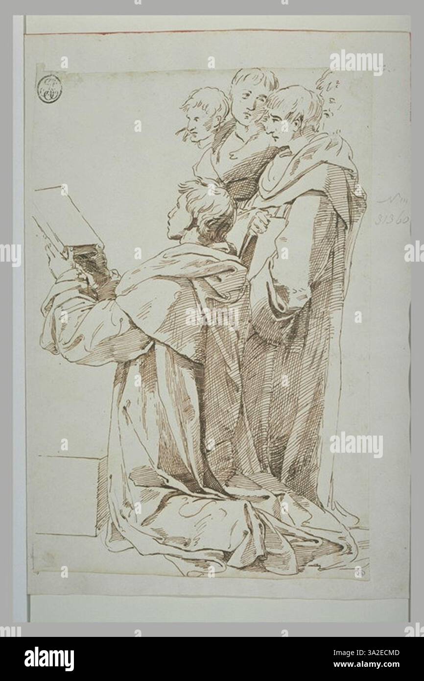 This drawing is a copy after Raphael’s depiction of five draped men, four standing and one ...