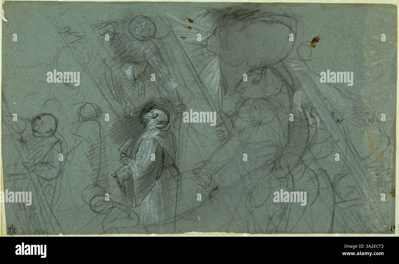 Studies of a monk and a man climbing a ladder, focusing on their poses ...