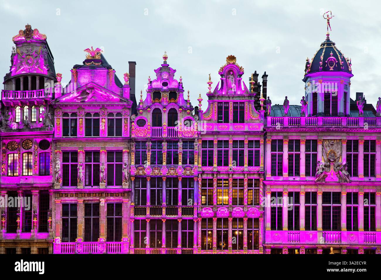 Illuminated facades of the guild houses Le Cornet, La Louve, Le Sac, La ...
