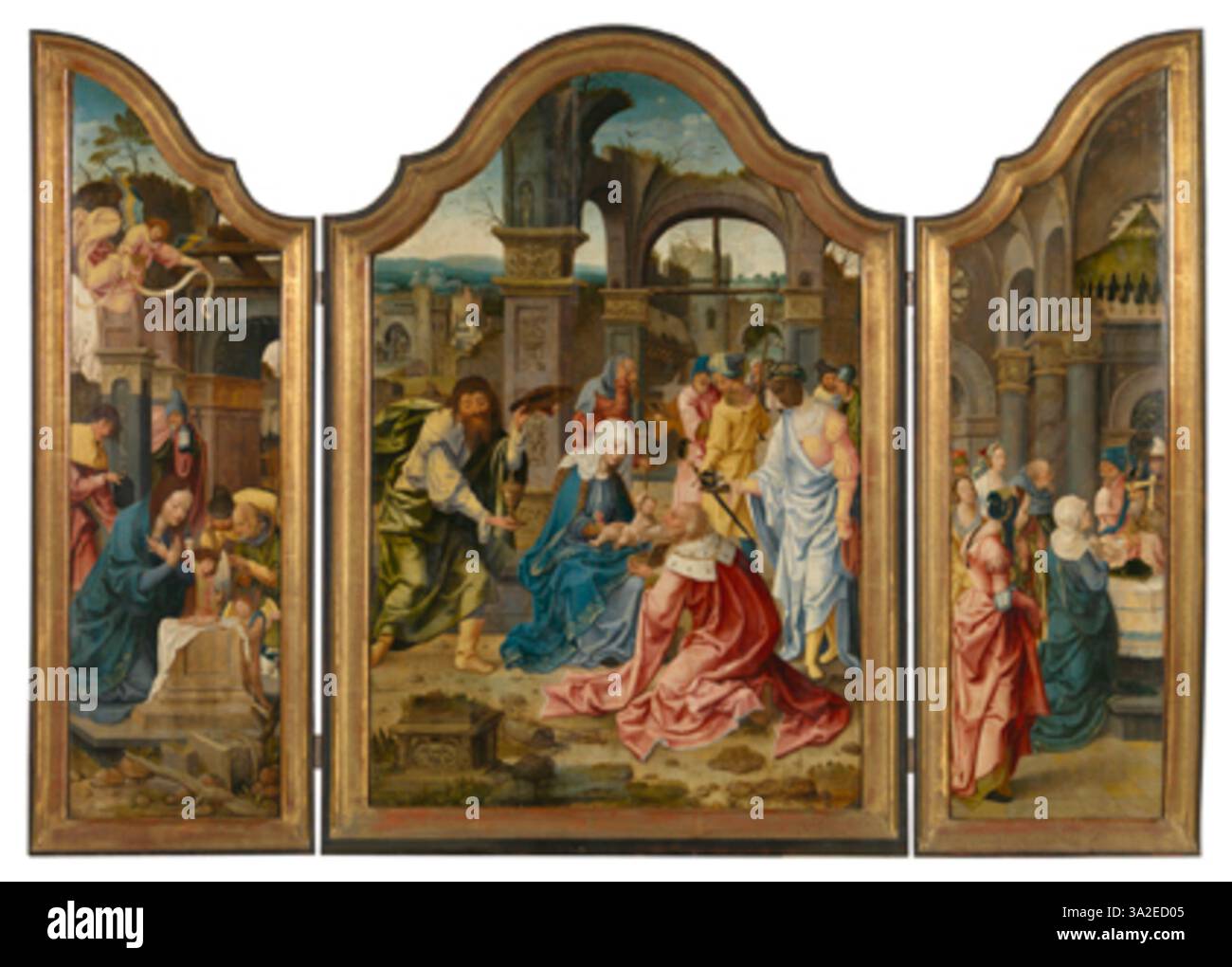 The 'Adoration of the Magi' triptych, attributed to the Master of 1518, presents three scenes ...