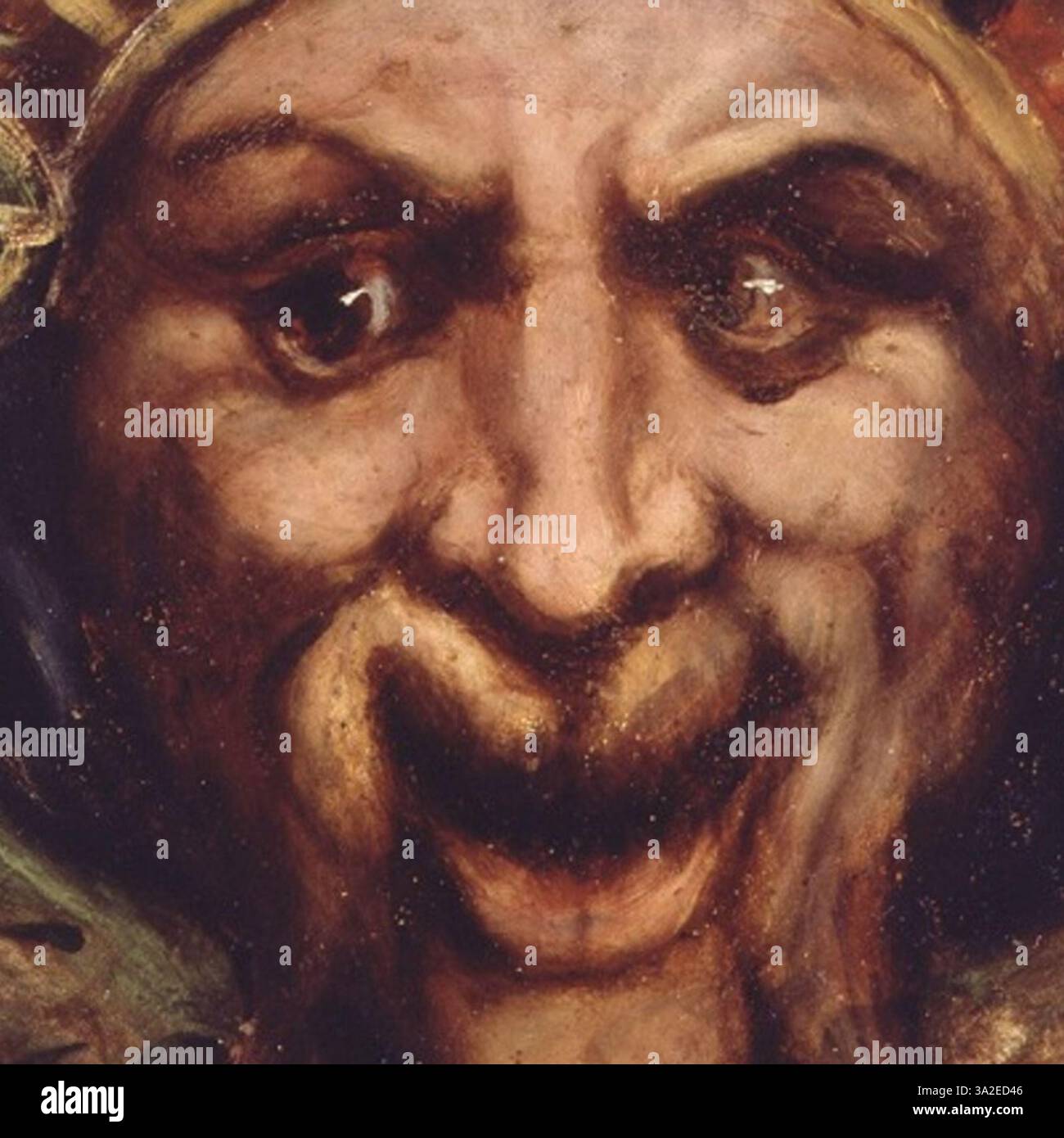 This image shows a detailed view of a satyr mask in Titian’s work. The ...