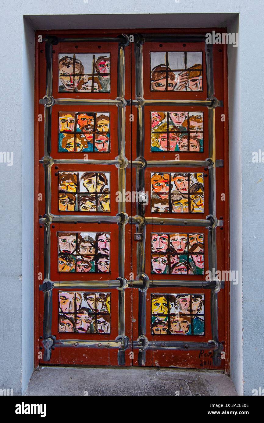Colorful painted door in Rua de Santa Maria in the old town, art ...