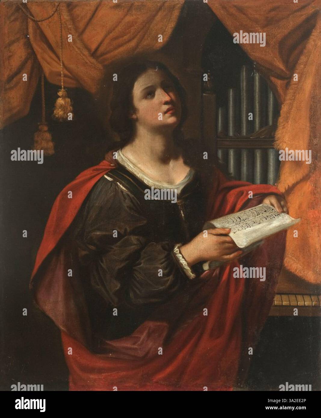 This artwork depicts St. Cecilia, the patron saint of music, shown with ...