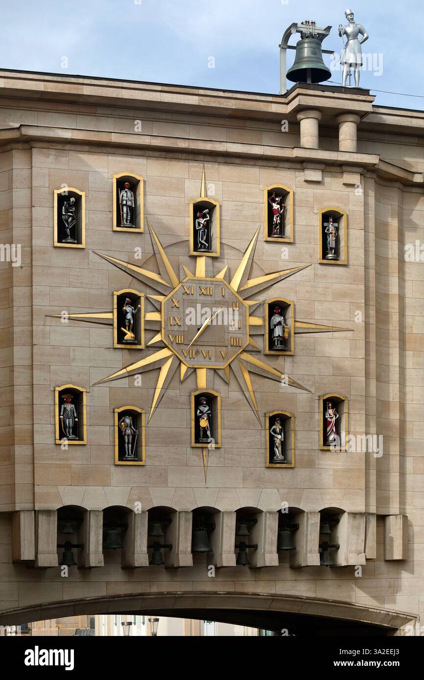 The Mont des Arts carillon, large golden wall clock and carillon with ...