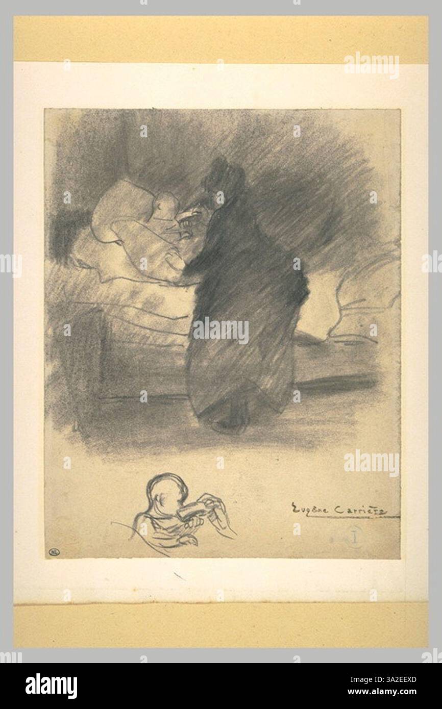 This artwork portrays a standing woman feeding a lying child. The ...