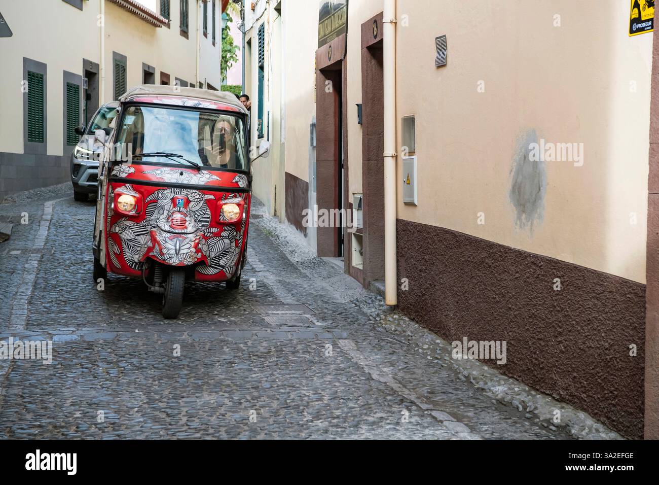 Tourists visit the old town in small rickshaws, Portugal, Madeira ...