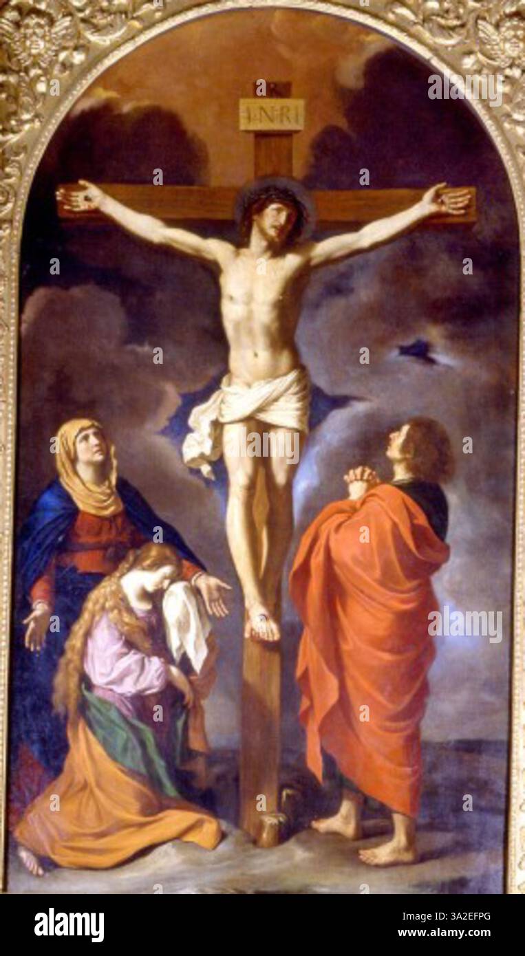 This 1643 painting by Guercino depicts the Crucifixion of Christ. The somber scene emphasizes ...