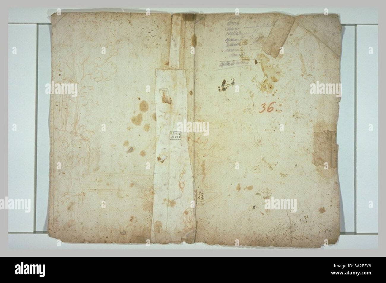 This drawing features trees, ears, and a figure leaning forward ...