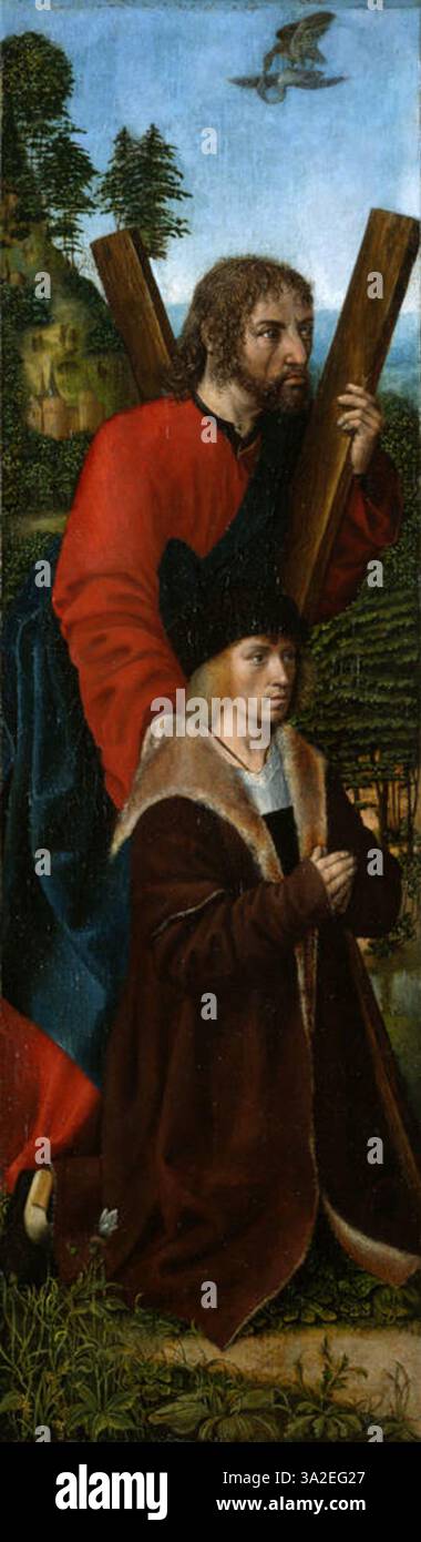 This artwork from around 1500 portrays Saint Andrew with a donor, a ...