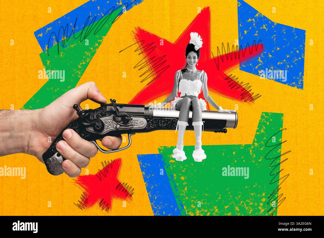 Art trend photo collage of happy duchess girl sit hand hold weapon ...