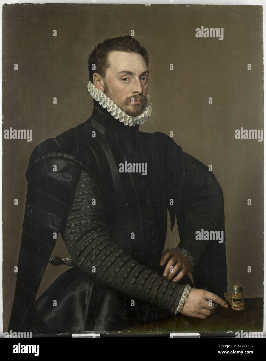 This painting by Antonis Mor depicts a man pointing to a table clock ...