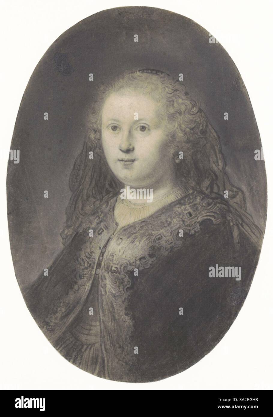 This copy by Rembrandt shows a half-length portrait of a woman ...