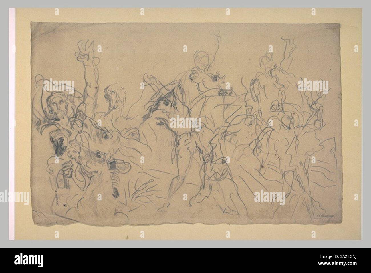 This recto sketch includes multiple studies of a rider with his right ...