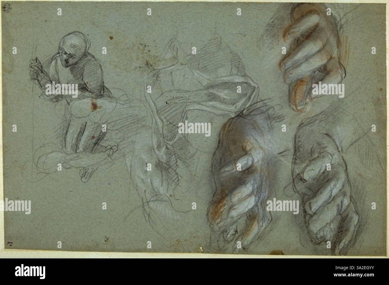 Studies of a hand, kneeling figure, and drapery, focusing on body ...