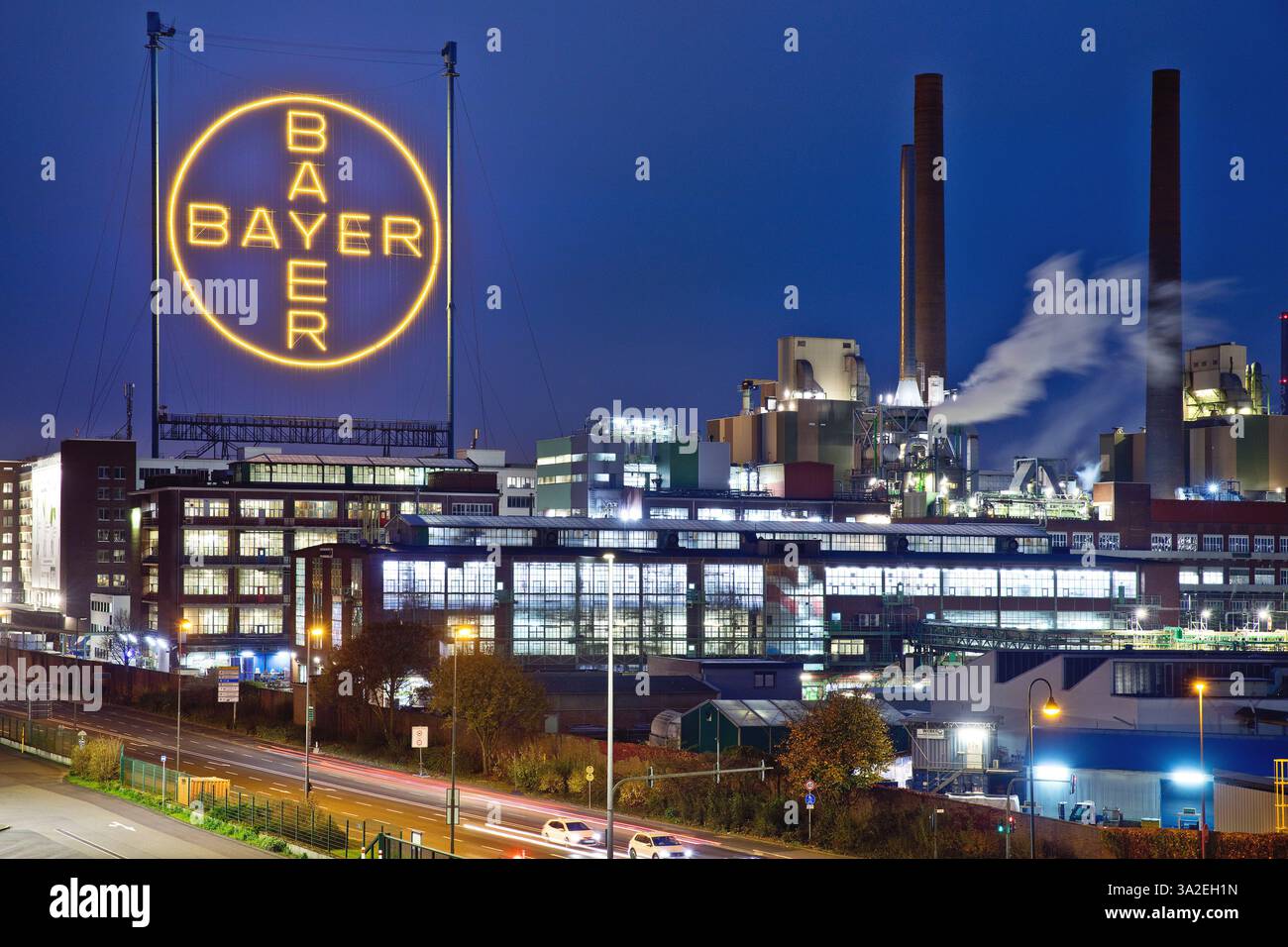 Bayer cross in the blue hour on the premises of Bayer AG, Germany ...