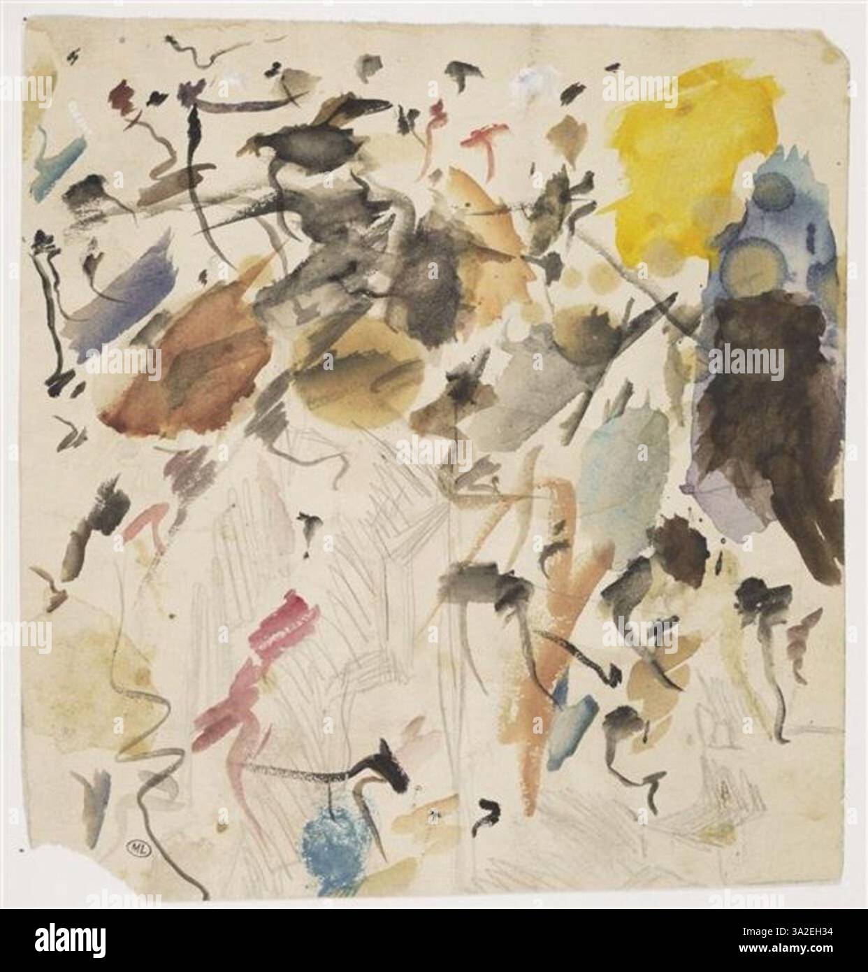 This drawing features watercolor stains and a sketch. The piece ...