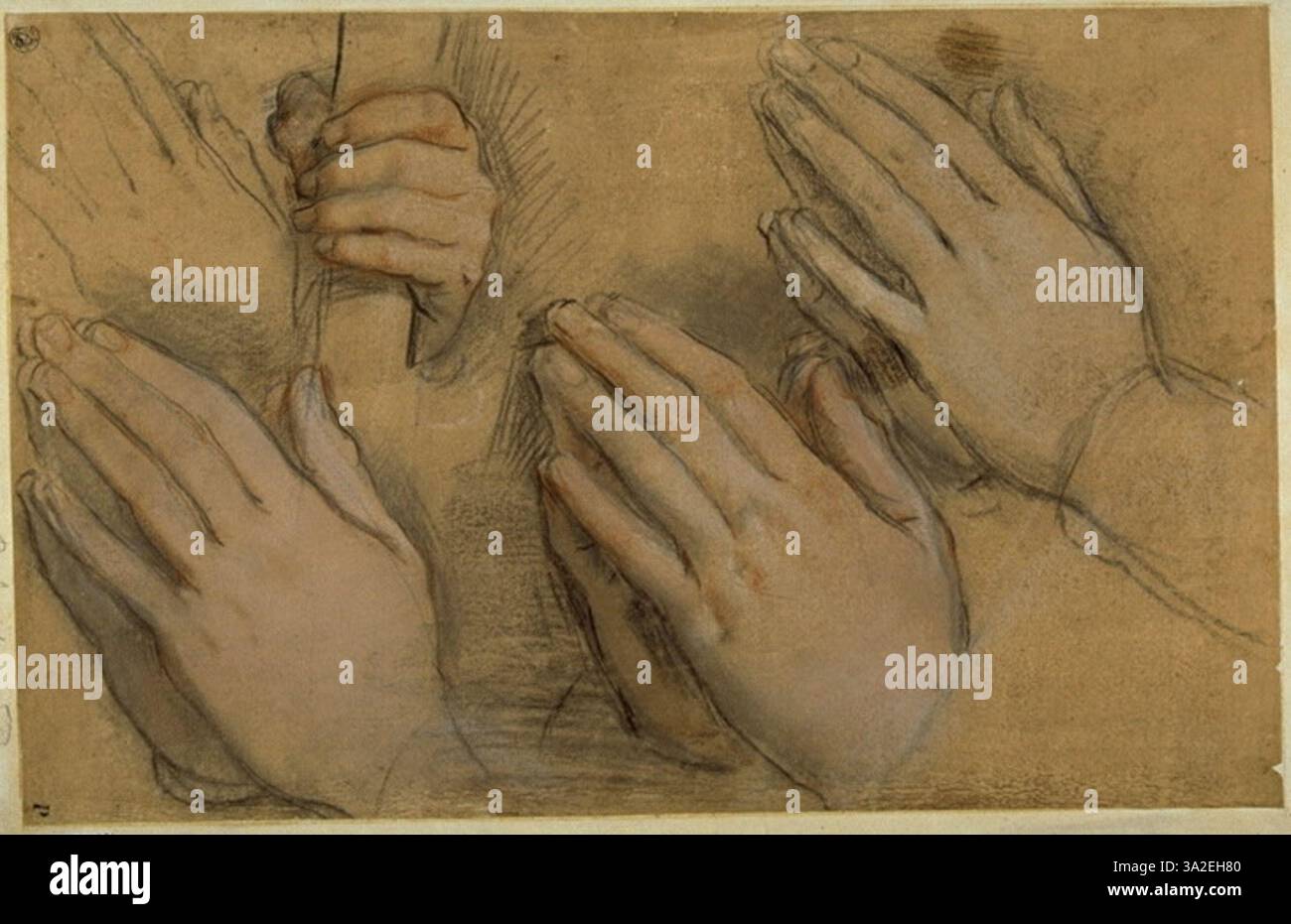 A study of praying hands and a hand gripping a staff, emphasizing the ...