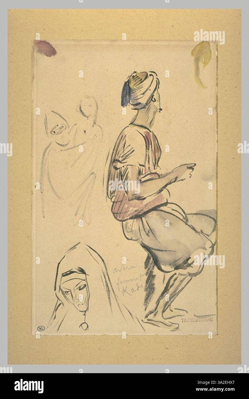 This drawing by Chassériau features an Arab figure seated in profile ...