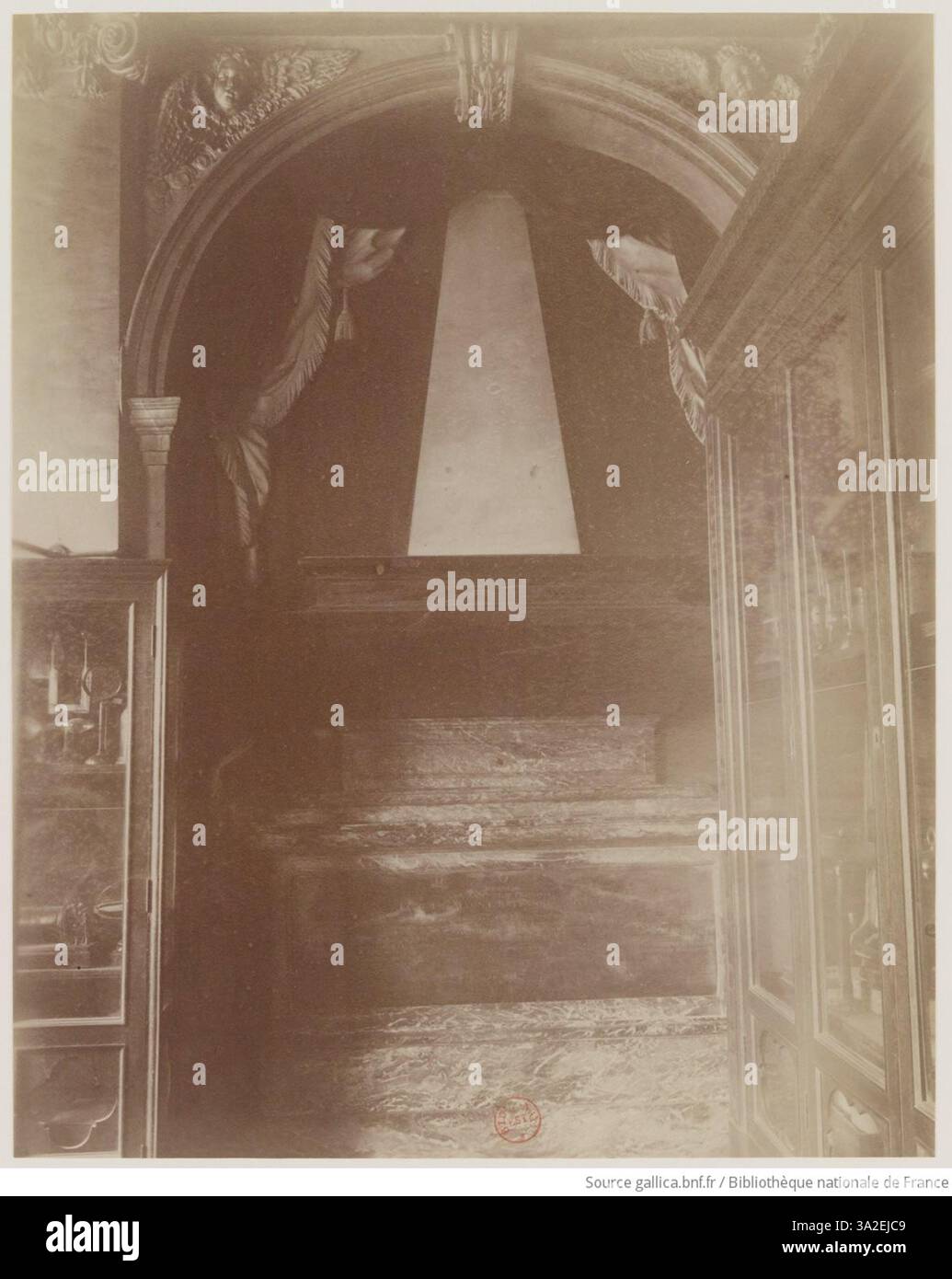 A photograph by Eugène Atget of Collège des Ecossais, Rue Cardinal Lemoine, including the tomb ...