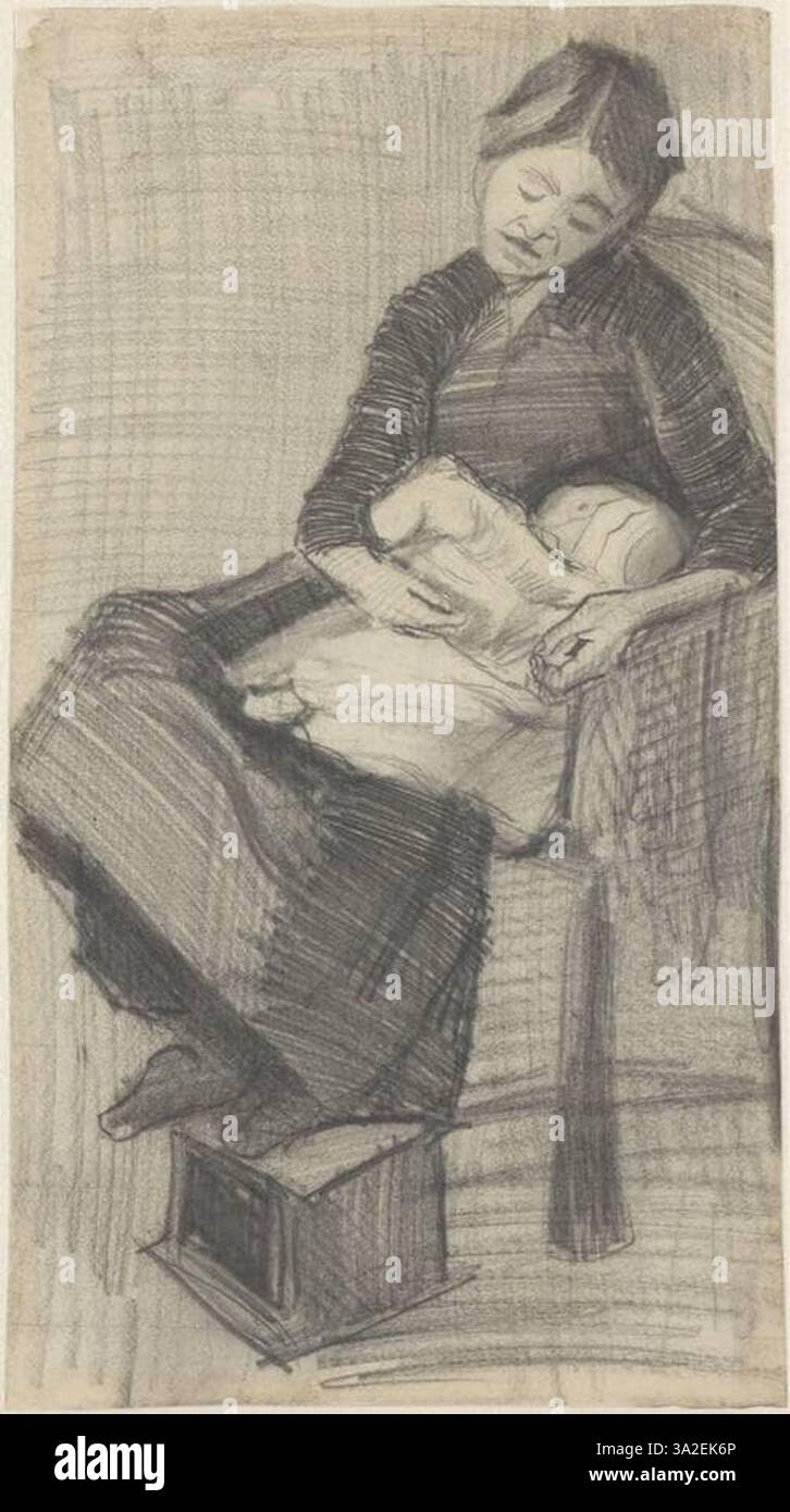 This painting by Vincent van Gogh portrays a mother seated with her ...