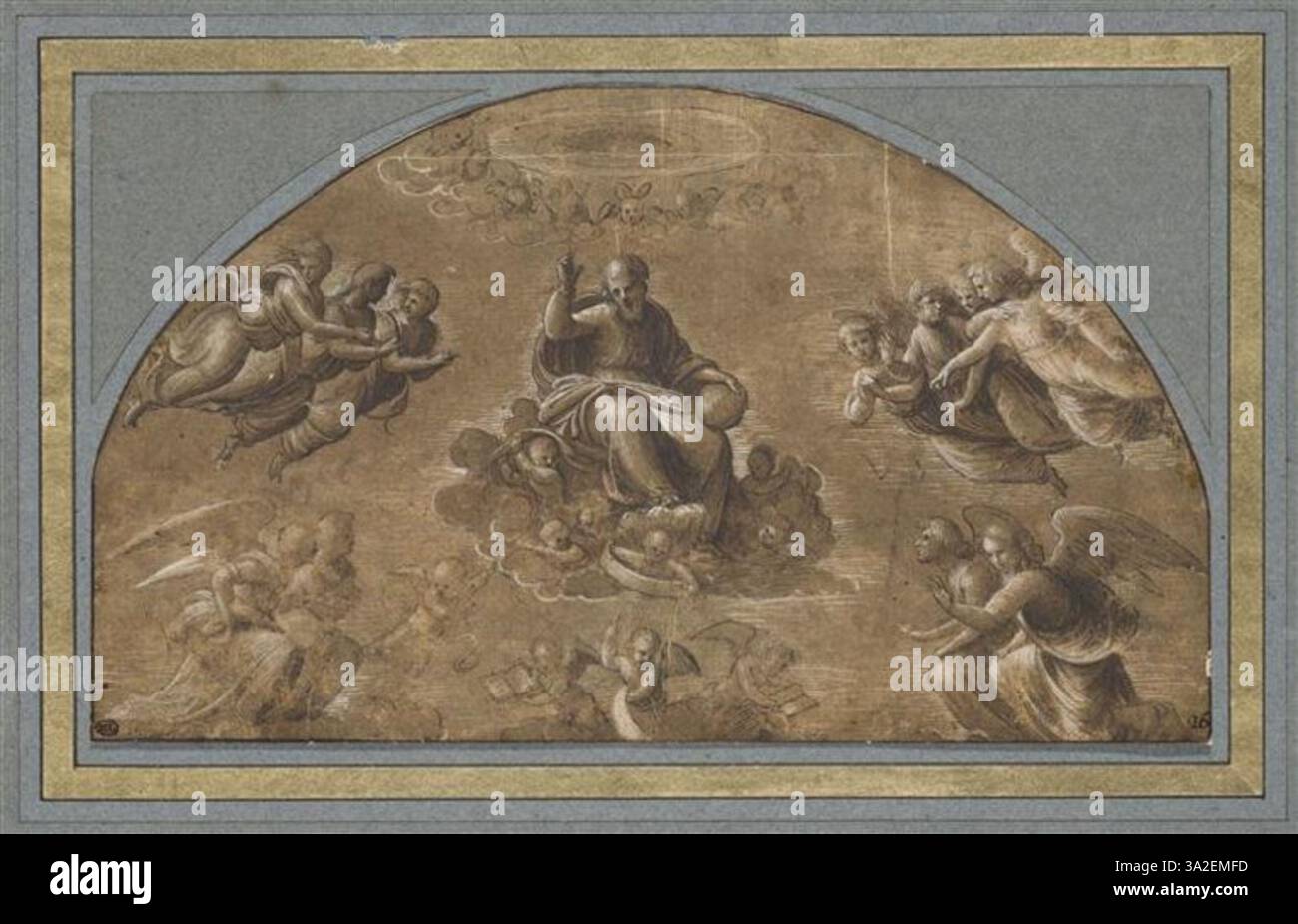 This drawing is a copy after Raphael, depicting God the Father seated in the clouds, surrounded ...