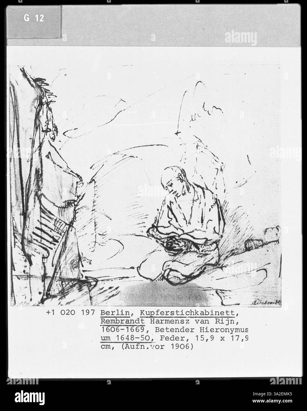 This painting depicts St. Jerome in prayer in a rocky landscape ...